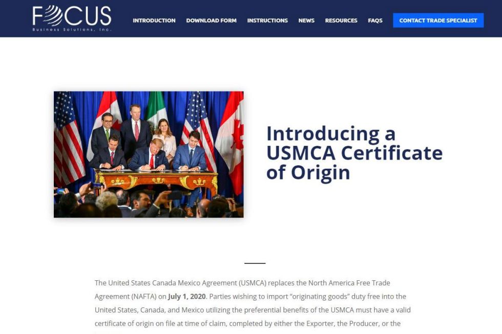 USMCACertificate.com Goes Live - Focus Business Solutions